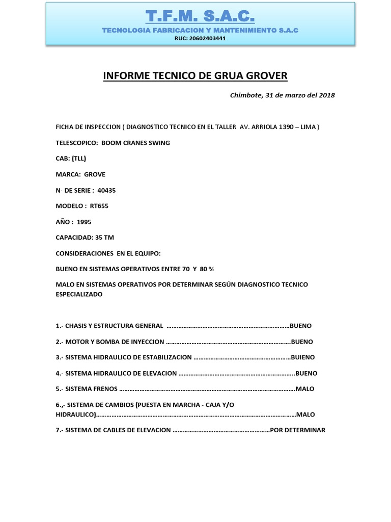 Informe Técnico Grúa Grove RT655 | PDF | Ciencia y matemáticas ...