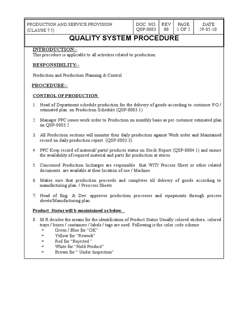 QSP 0003 Production | PDF | Quality Management System | Business