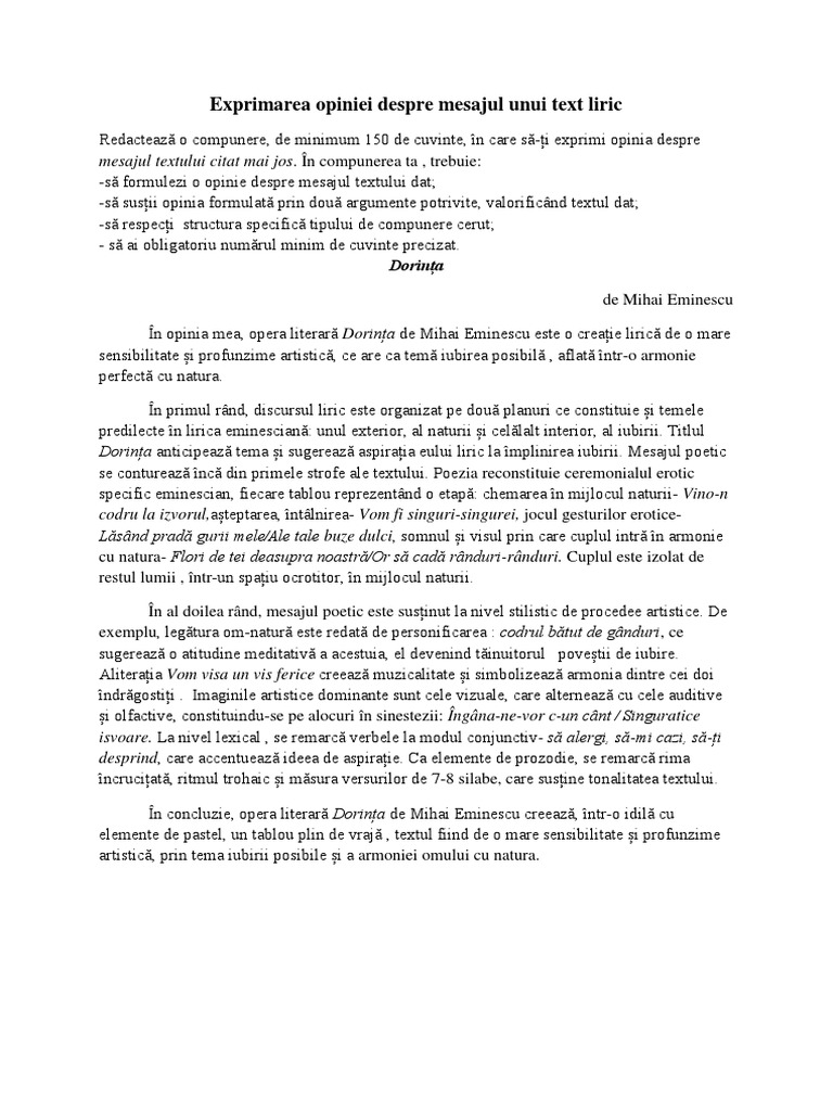 Exprimarea Opiniei Despre Mesajul Unui Text Liric