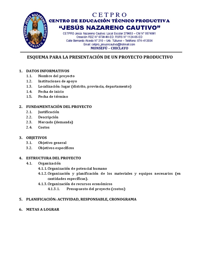 Esquema de Proyecto Productivo CETPRO | PDF | Presupuesto | Business