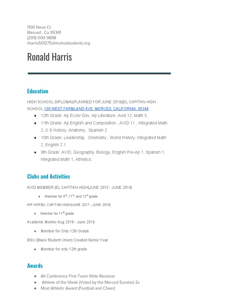 Ronald Harris Personal Resume | PDF | Students | Academia