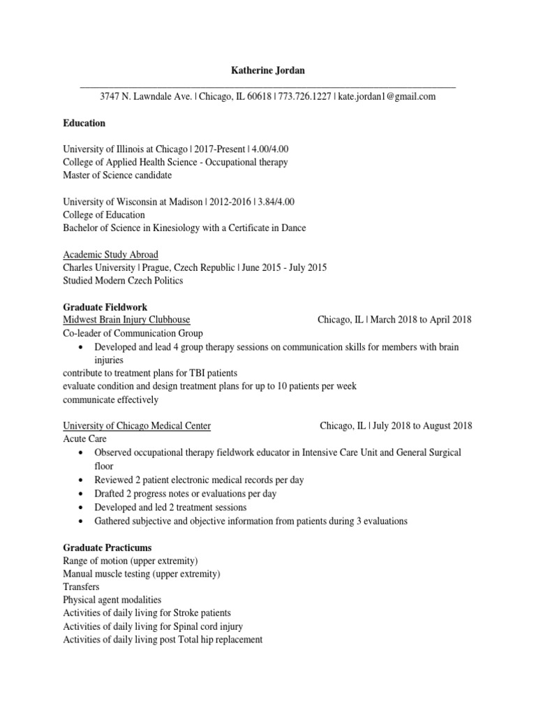 Katherine Jordan's Occupational Therapy Resume | PDF | Physical Therapy ...