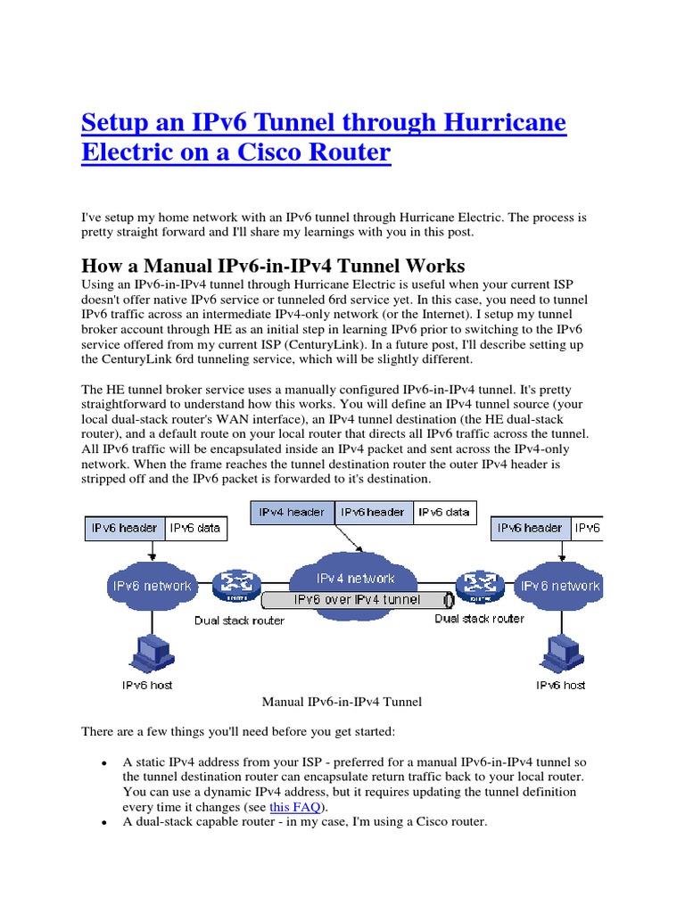Setup An Ipv6 Tunnel Through Hurricane Electric On A Cisco Router | Download Free PDF | I Pv6 ...