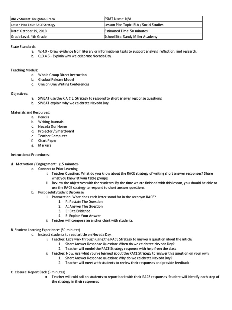 Green - Race Strategy Lesson Plan | PDF | Lesson Plan | Educational ...