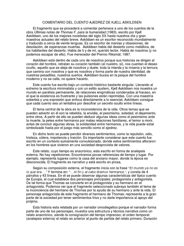 Comentario Del Cuento Ajedrez De Kjell Askildsen Pdf Cuentos