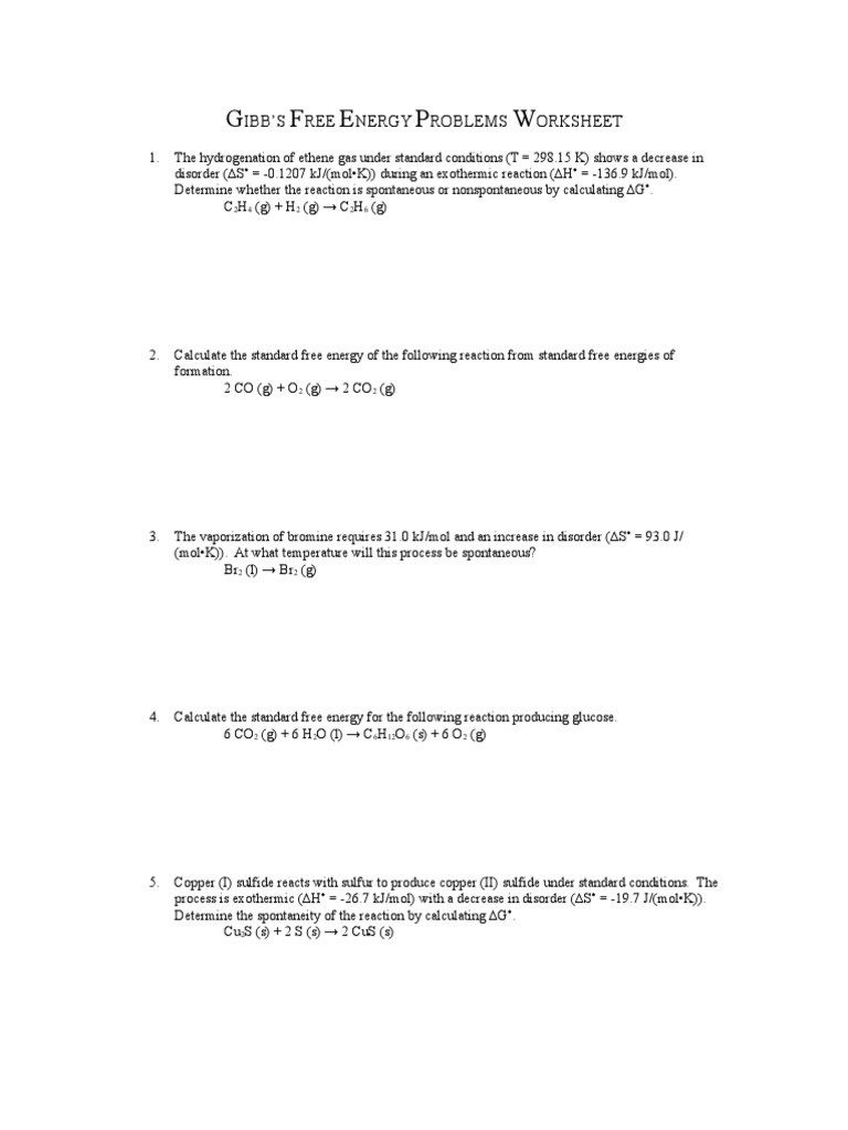 Gibbs Free Energy Worksheet | PDF