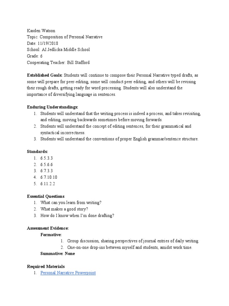 6th Grade Personal Narrative Writing | PDF | Question | Teachers