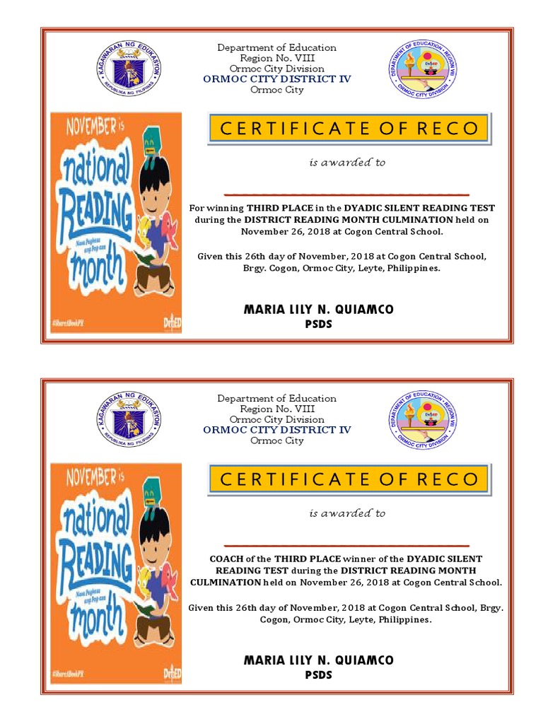 2018 District Reading Month Certificate | PDF