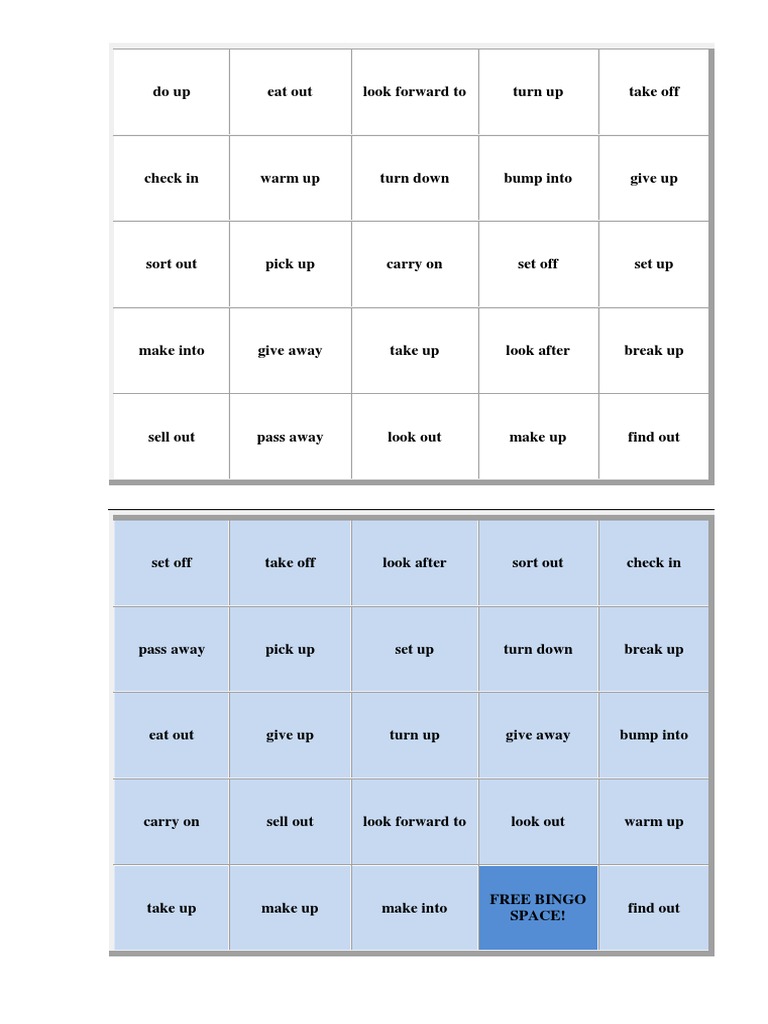Bingo On Phrasal Verbs | Download Free PDF | Syntax | Grammar