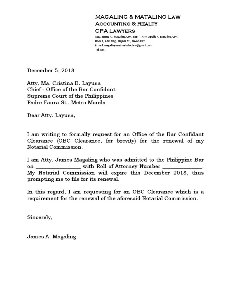Letter Request to the Office of the Bar Confidant for Clearance