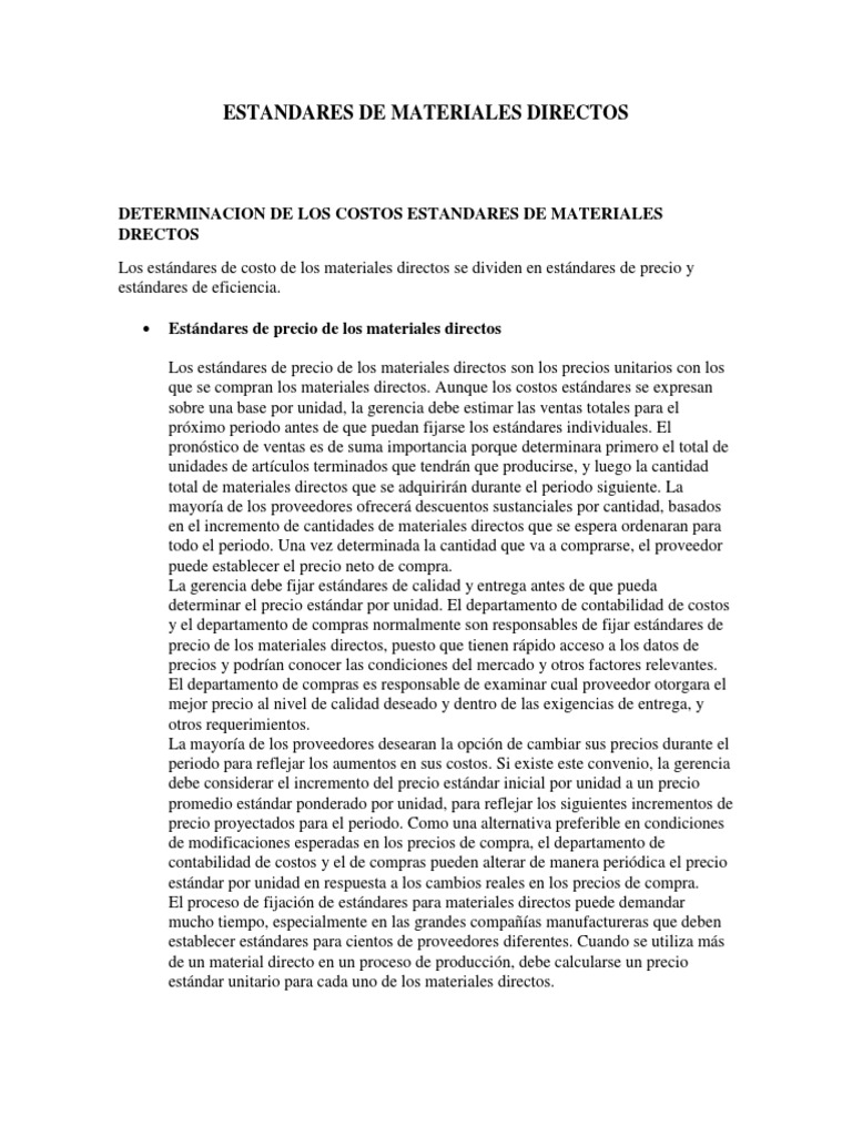 Estándares de Materiales Directos | PDF | Precios | Volumen