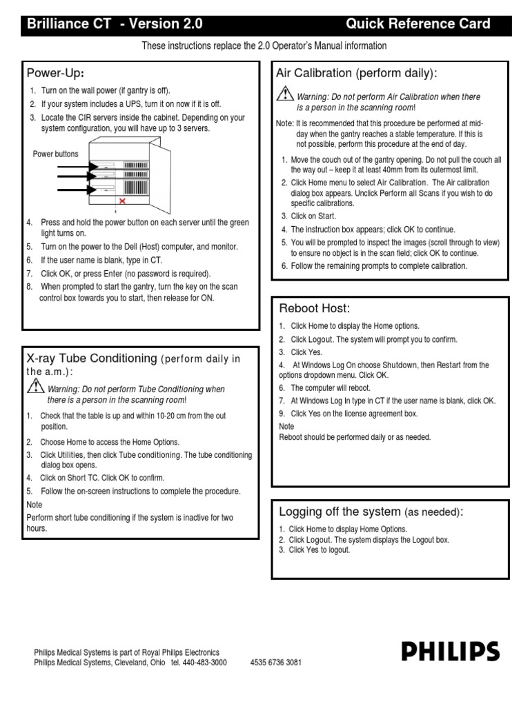 Brilliance CT - Version 2.0 Quick Reference Card: Power-Up: Air Calibration (Perform Daily ...