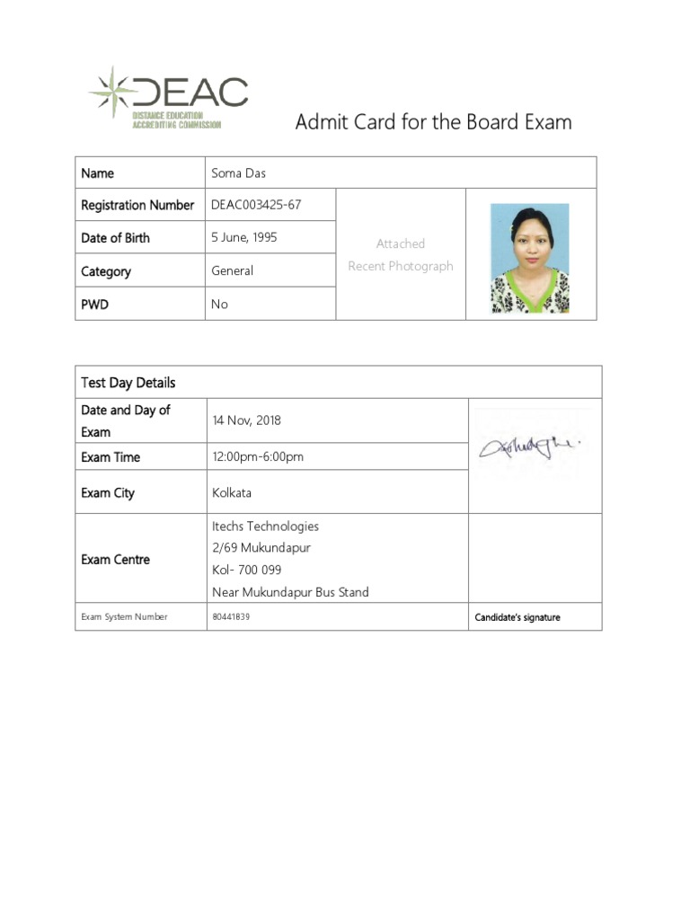 Admit Card For The Board Exam: Test Day Details | PDF