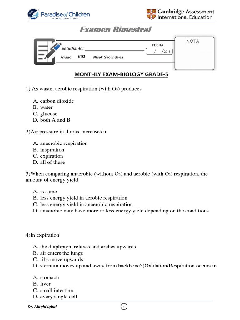 Examen Bimestral Matemática: Monthly Exam-Biology Grade-5 | PDF