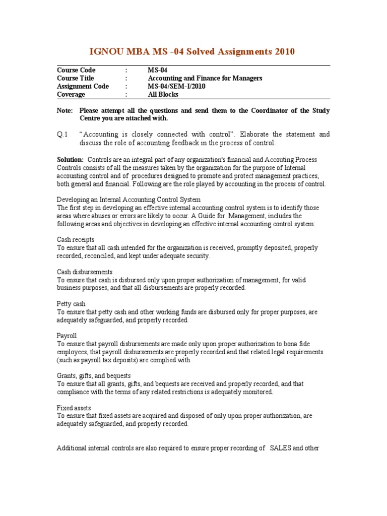 0 0 Ignou Mba Ms 04 Solved Assignments 2010 Pdf Finance And Money