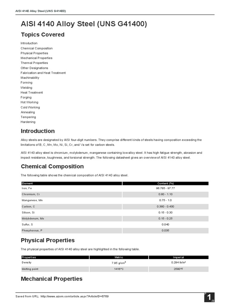 Aisi 4140 Alloy Steel (Uns g41400) | PDF | Heat Treating | Steel
