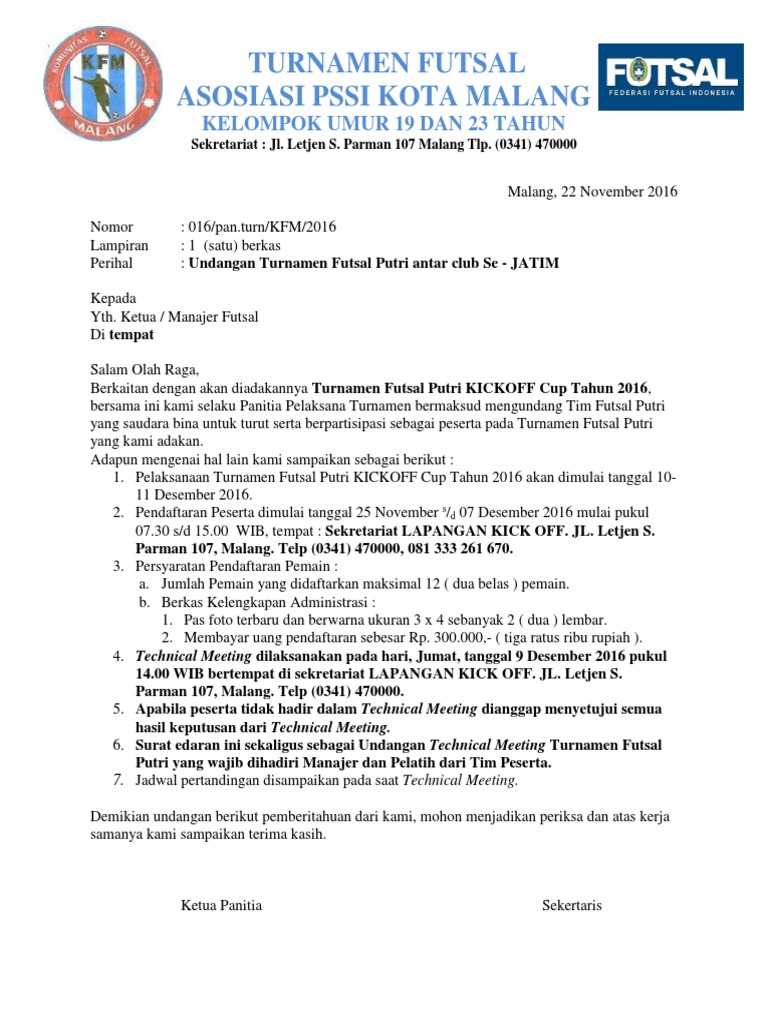 Surat Undangan Turnamen Futsal Anatar SMP | PDF