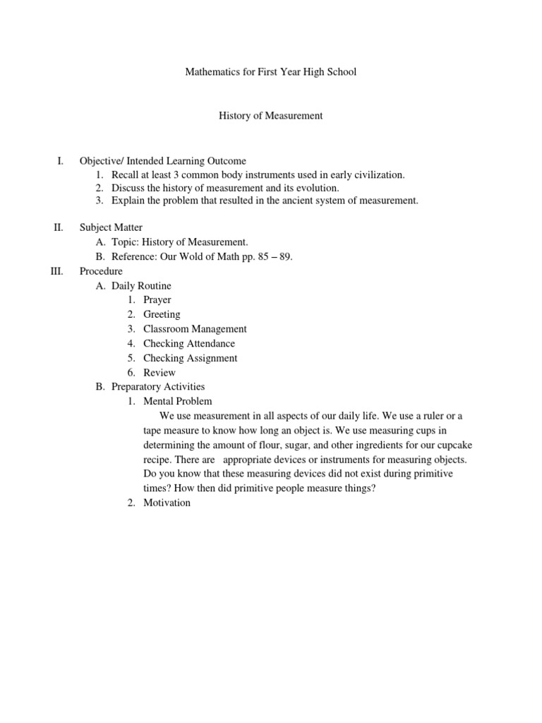 Lesson Plan History of Measurement | PDF | Units Of Measurement ...