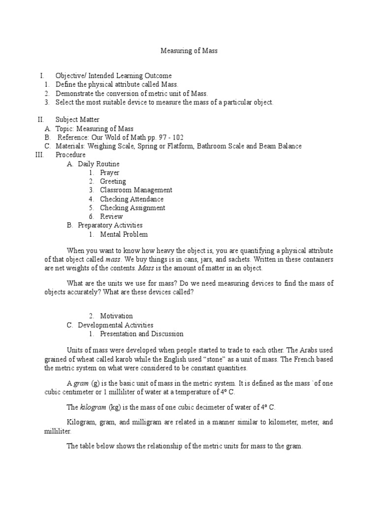 Lesson Plan Measuring of Mass | PDF | Weighing Scale | Mass