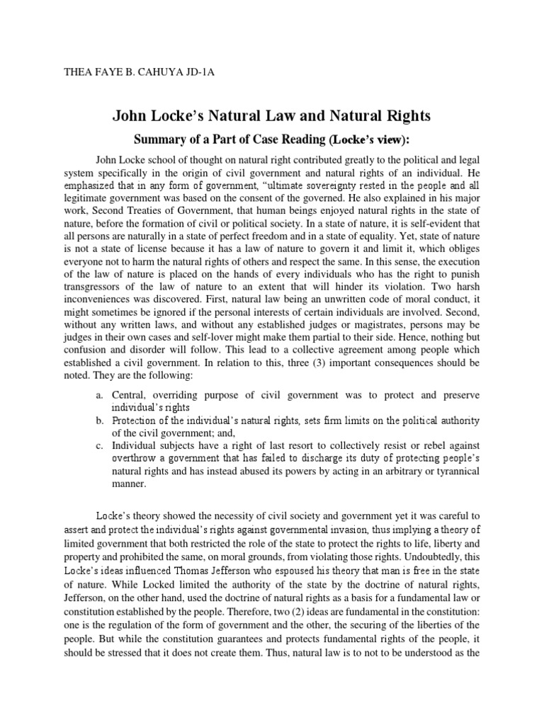 John Locke's Natural Law and Natural Rights: Summary of A Part of Case ...