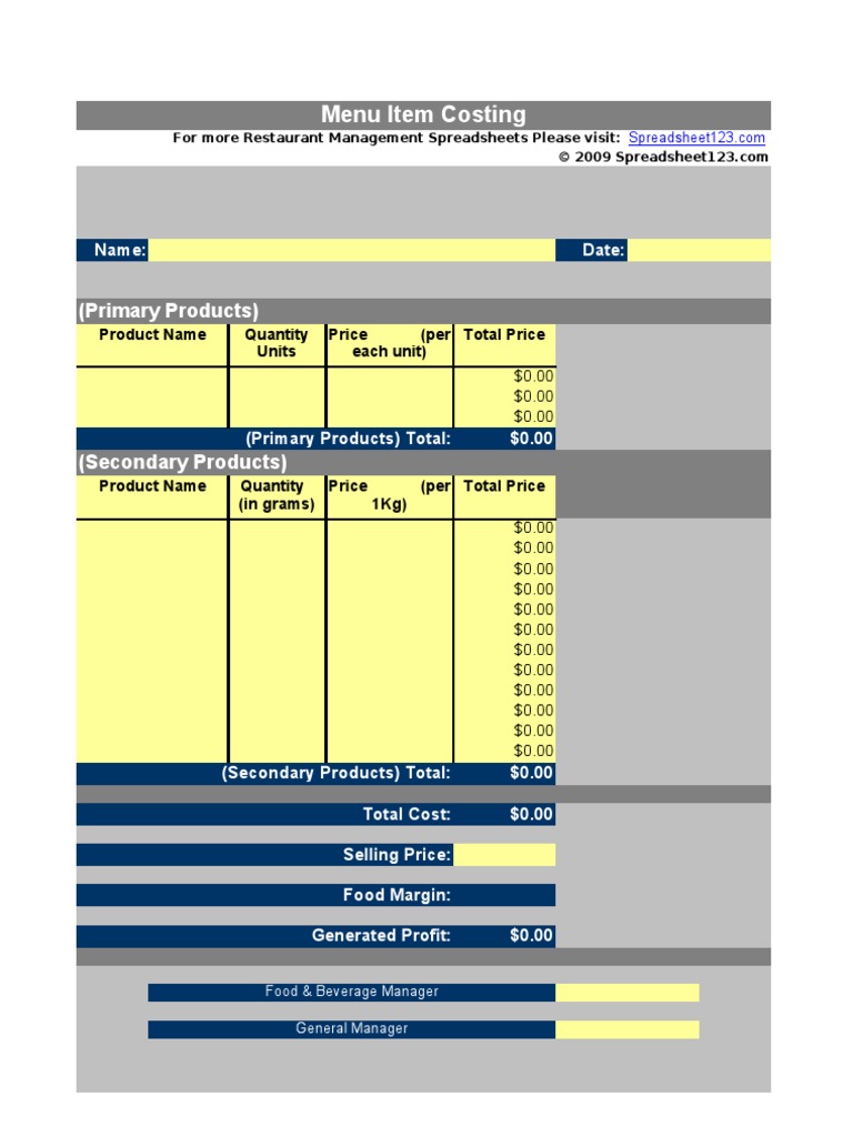 Menu Costing Template | PDF | Menu | Prices
