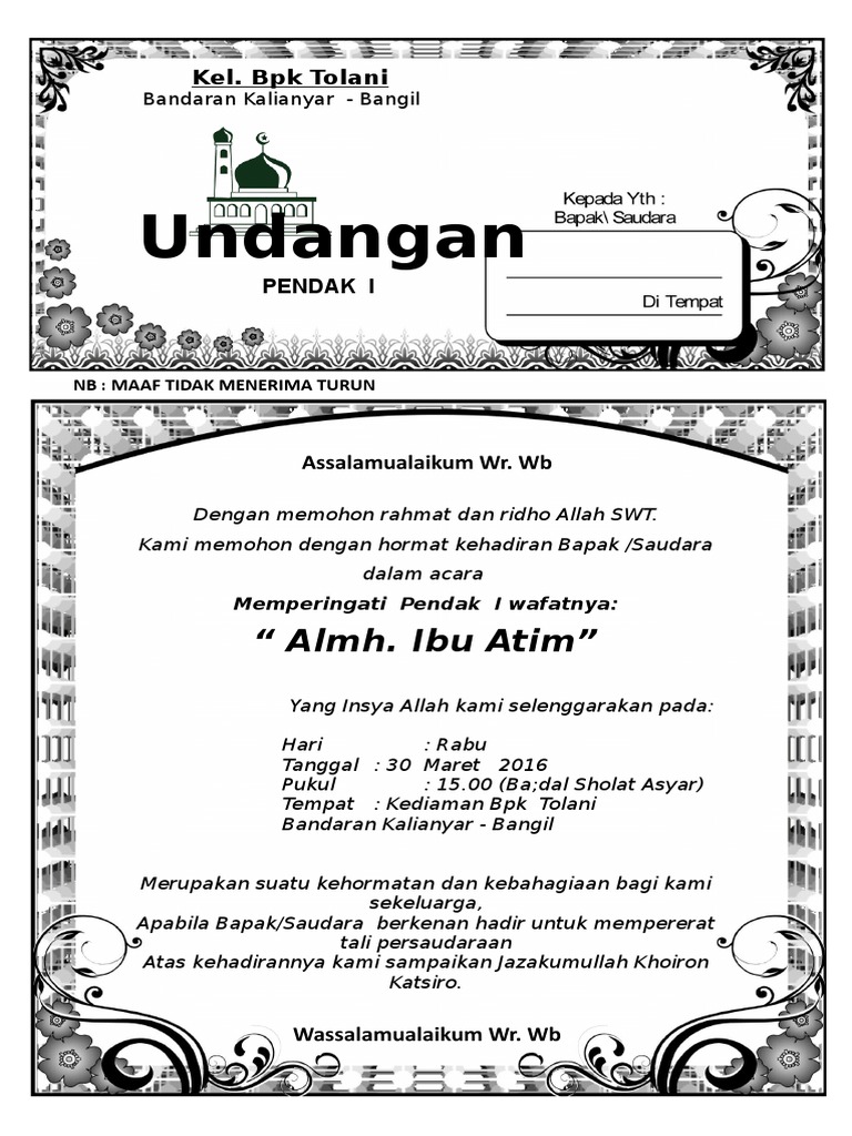 Undangan Tahlil Pendak I | PDF