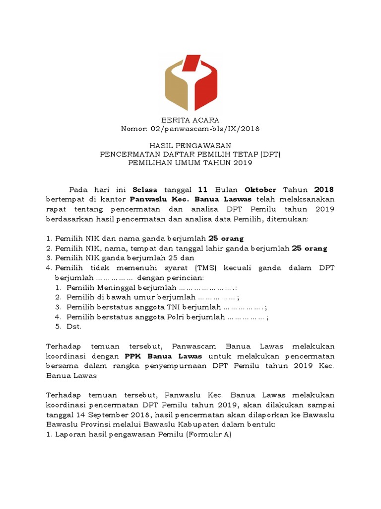 BA Hasil Pencermatan Data Pemilih Pemilu 2019 | PDF | Politik