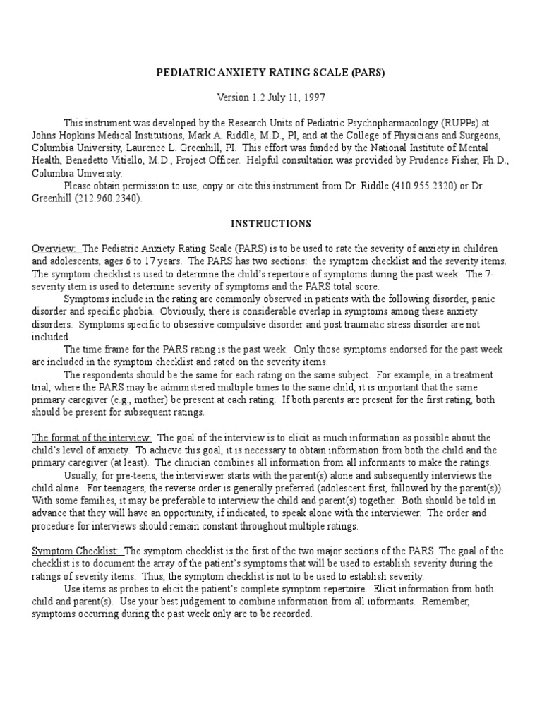 Pediatric Anxiety Rating Scale (Pars) | PDF | Anxiety | Behavioural ...
