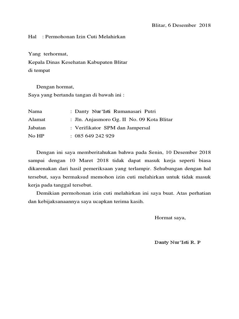 Contoh Surat Cuti Melahirkan | PDF