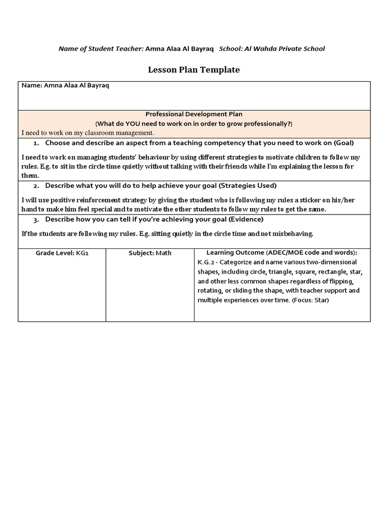 Star Shape Lesson Plan Level 6 Amna Alaa | PDF | Lesson Plan | Teachers
