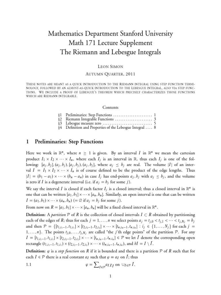 Mathematics Department Stanford University Math 171 Lecture Supplement ...