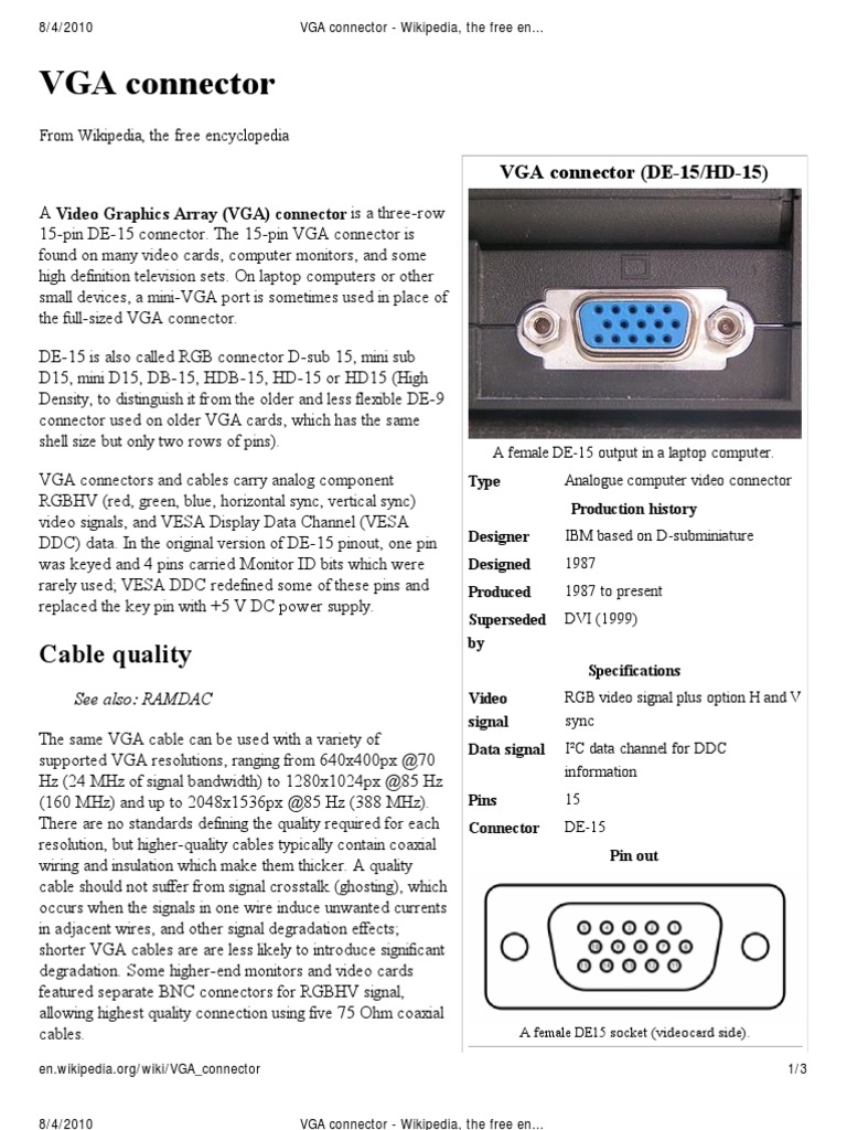 VGA Connector - Wikipedia, The Free Encyclopedia | PDF | Computer ...