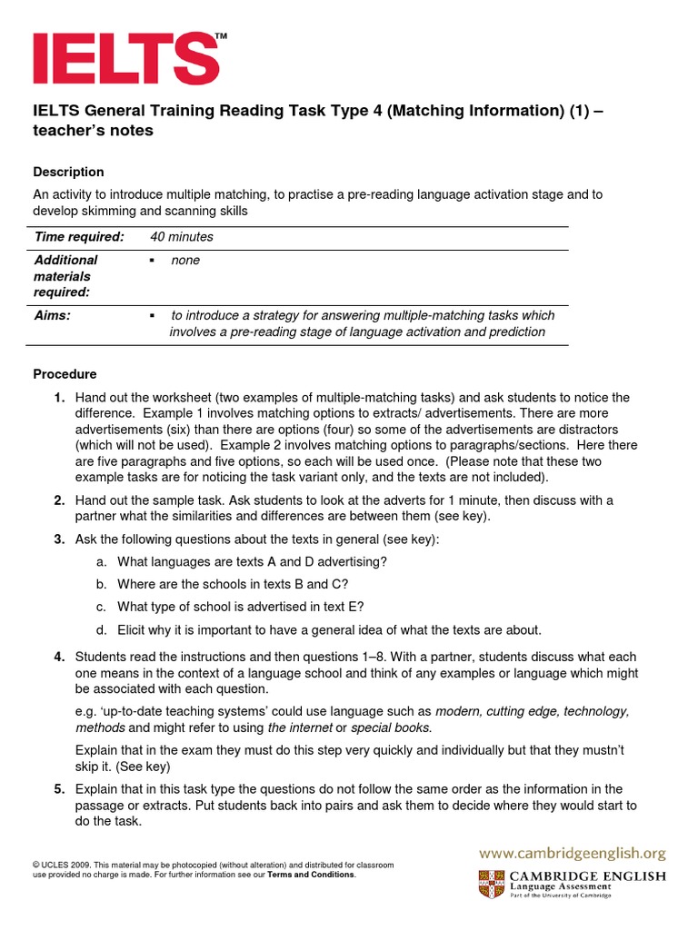 Ielts General Training Reading Task Type 4 Matching Information 1 | PDF ...