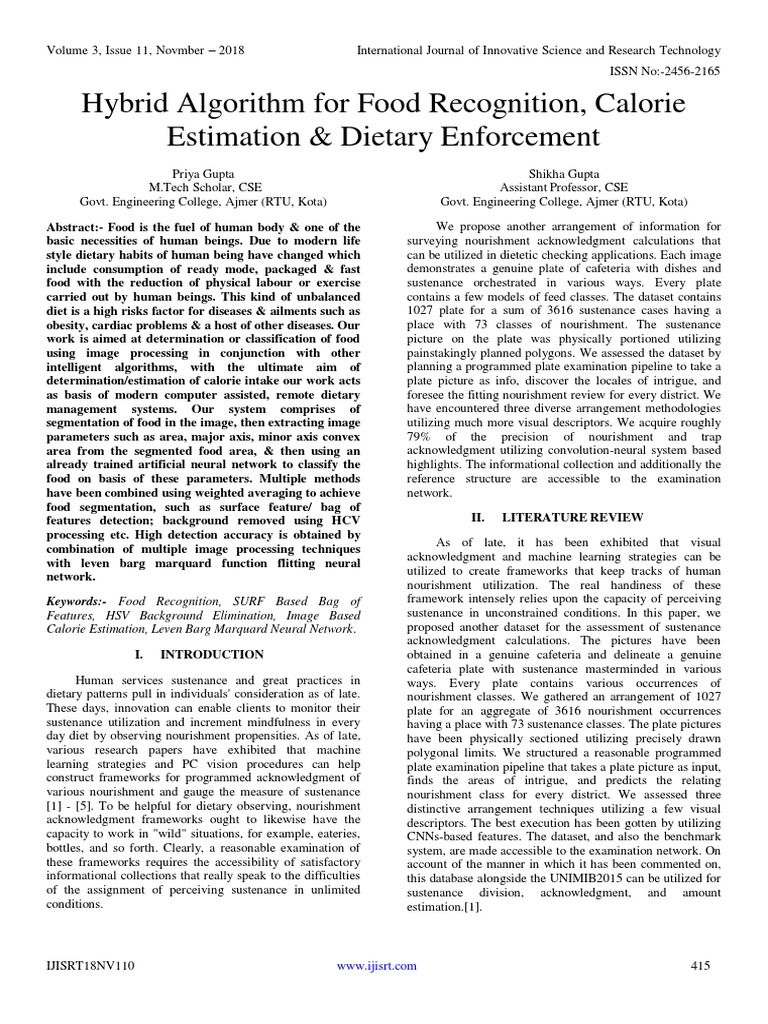Hybrid Algorithm For Food Recognition, Calorie Estimation & Dietary ...