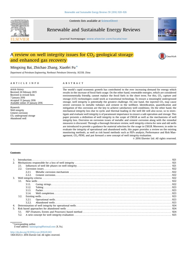A Review On Well Integrity Issues For CO2 Geological Storage and ...