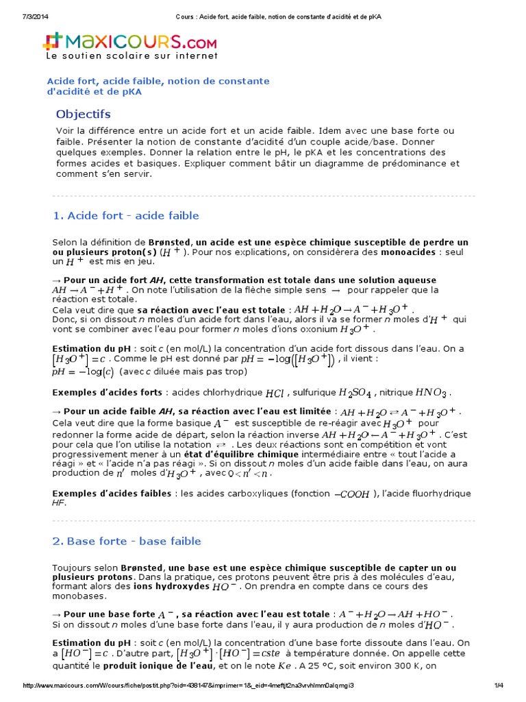 Acides forts et faibles : pKa et définitions | PDF | Acide | Constante ...