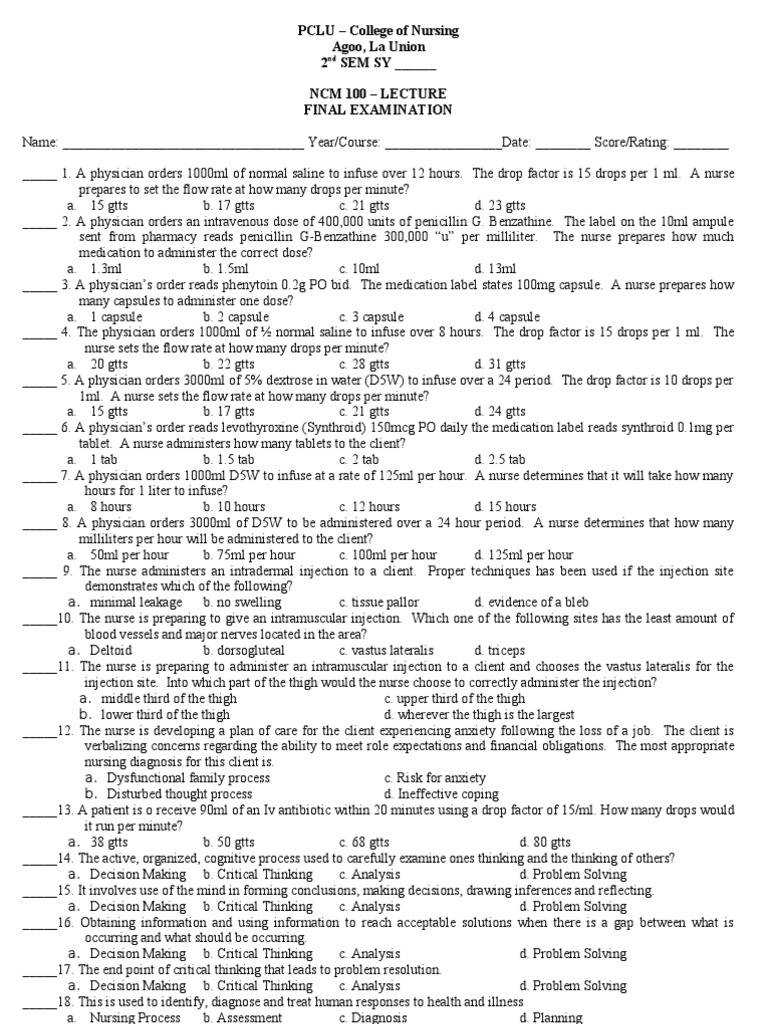 NCM 100 - Lecture Final Examination | PDF | Medical Diagnosis | Thought