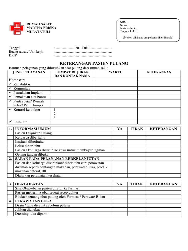 Form Keterangan Pasien Pulang | PDF