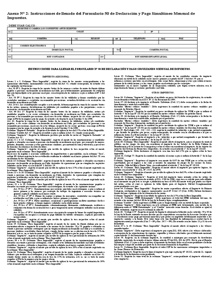 Instrucciones Formulario 50 de Impuestos | PDF | Reaseguro | Chile