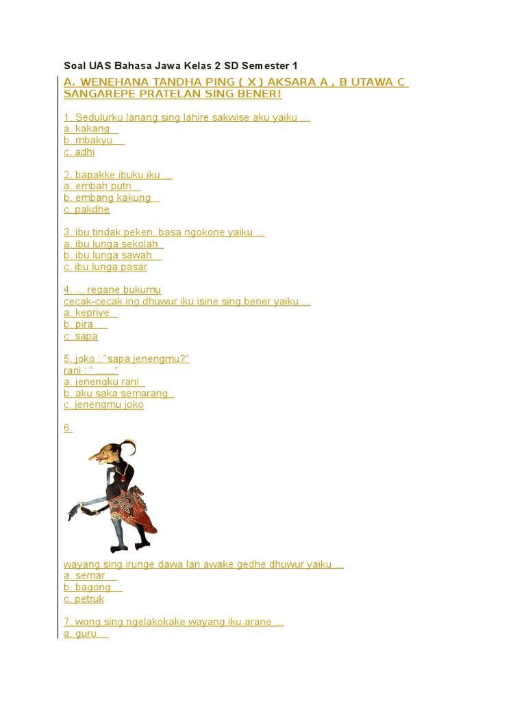 Soal UAS Bahasa Jawa Kelas 2 SD Semester 1 | PDF