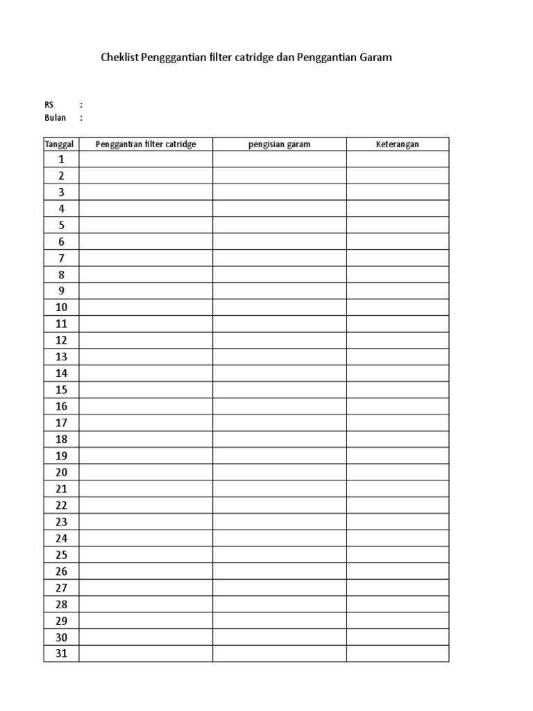Cheklist Pengggantian Filter Catridge Dan Penggantian Garam | PDF