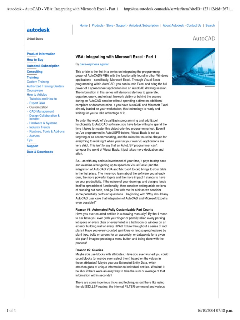 Autodesk - Autocad - Vba Integrating With Microsoft Excel PDF | PDF | Auto Cad | Microsoft Excel