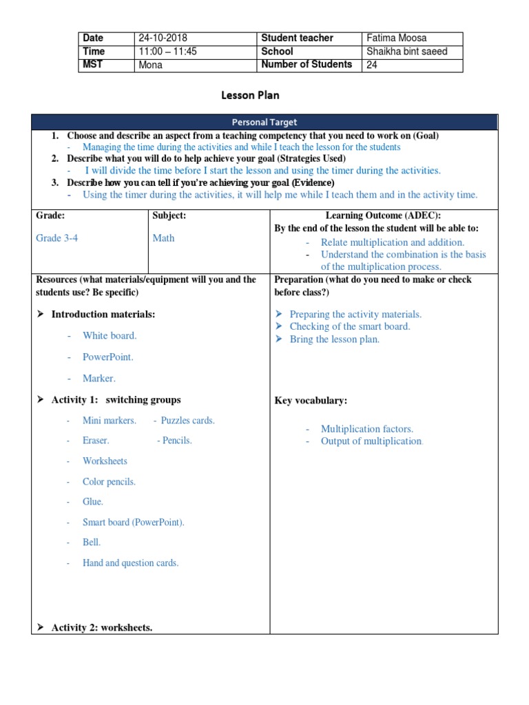 Lesson 2 | PDF | Lesson Plan | Multiplication