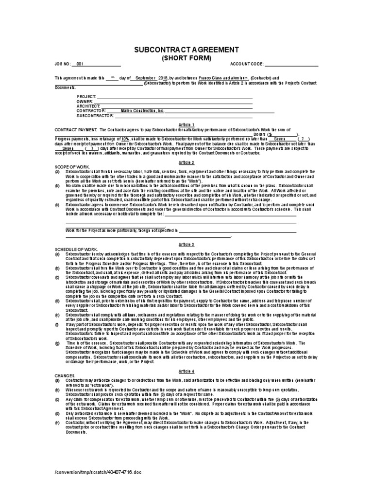 4 Subcontract Agreement Short Form Blank | PDF | Indemnity | Insurance