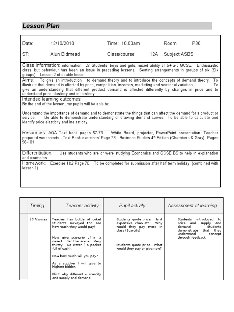 Lesson PLan As BS Demand, Price and Price Elasticity Unit 6 AQA | PDF ...