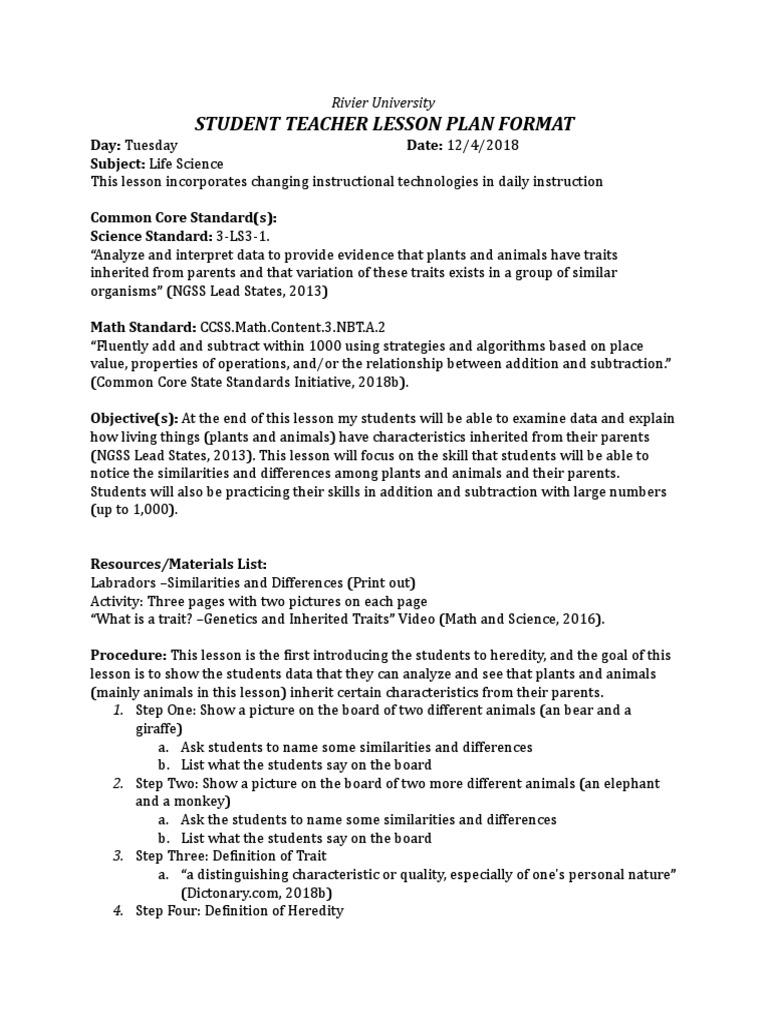 Student Teacher Lesson Plan Format | PDF | Heredity | Subtraction