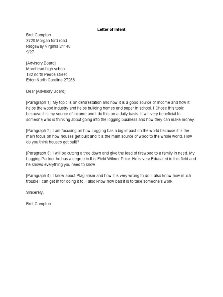 Letter of Intent For Rcs Capstone Experience | PDF