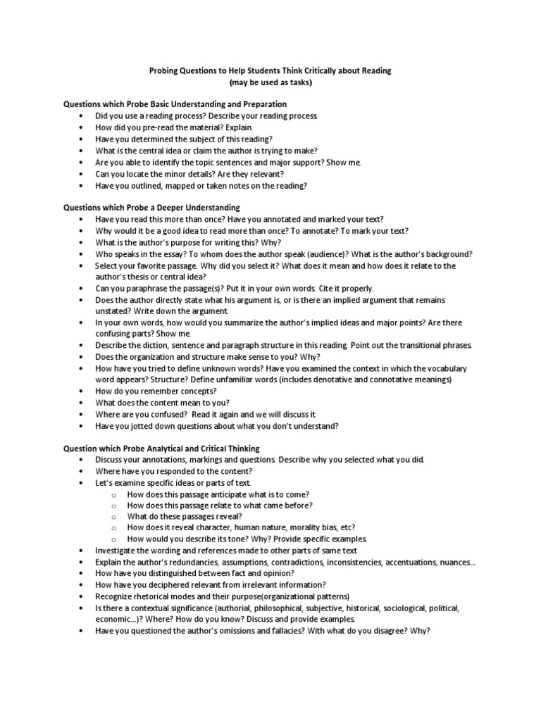 Probing Questions To Help Students Think Critically About Reading (May ...