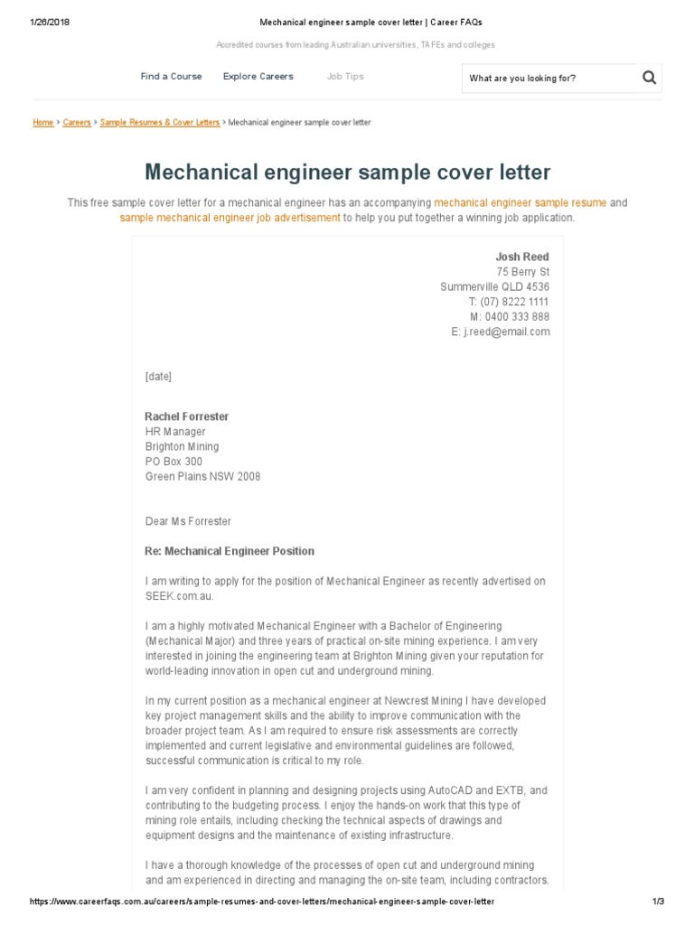 Mechanical Engineer Sample Cover Letter - Career FAQs | PDF | Engineer ...