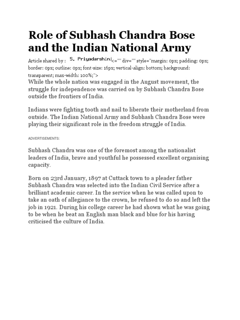 Role of Subhash Chandra Bose and The Indian National Army | PDF ...